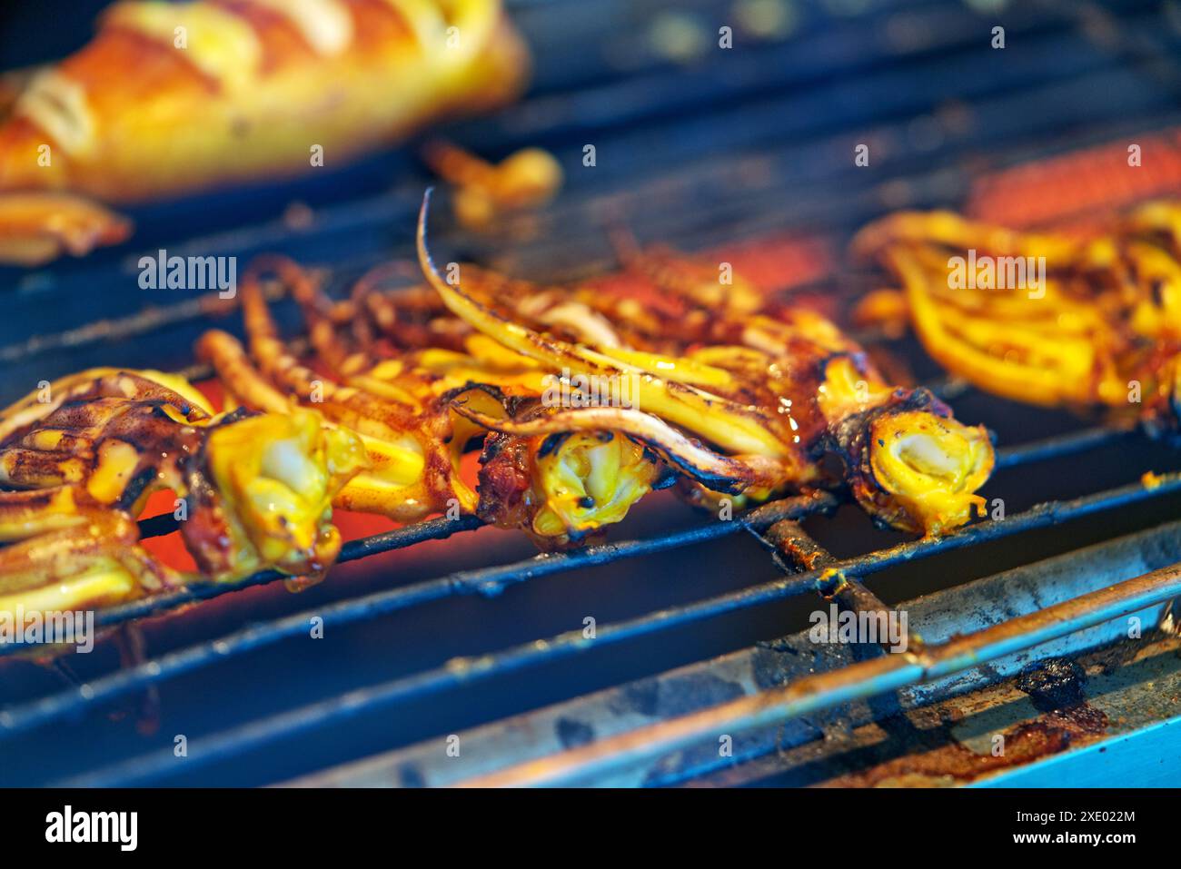 Close up grilling squid tentacles on charcoal stove, only squid ...