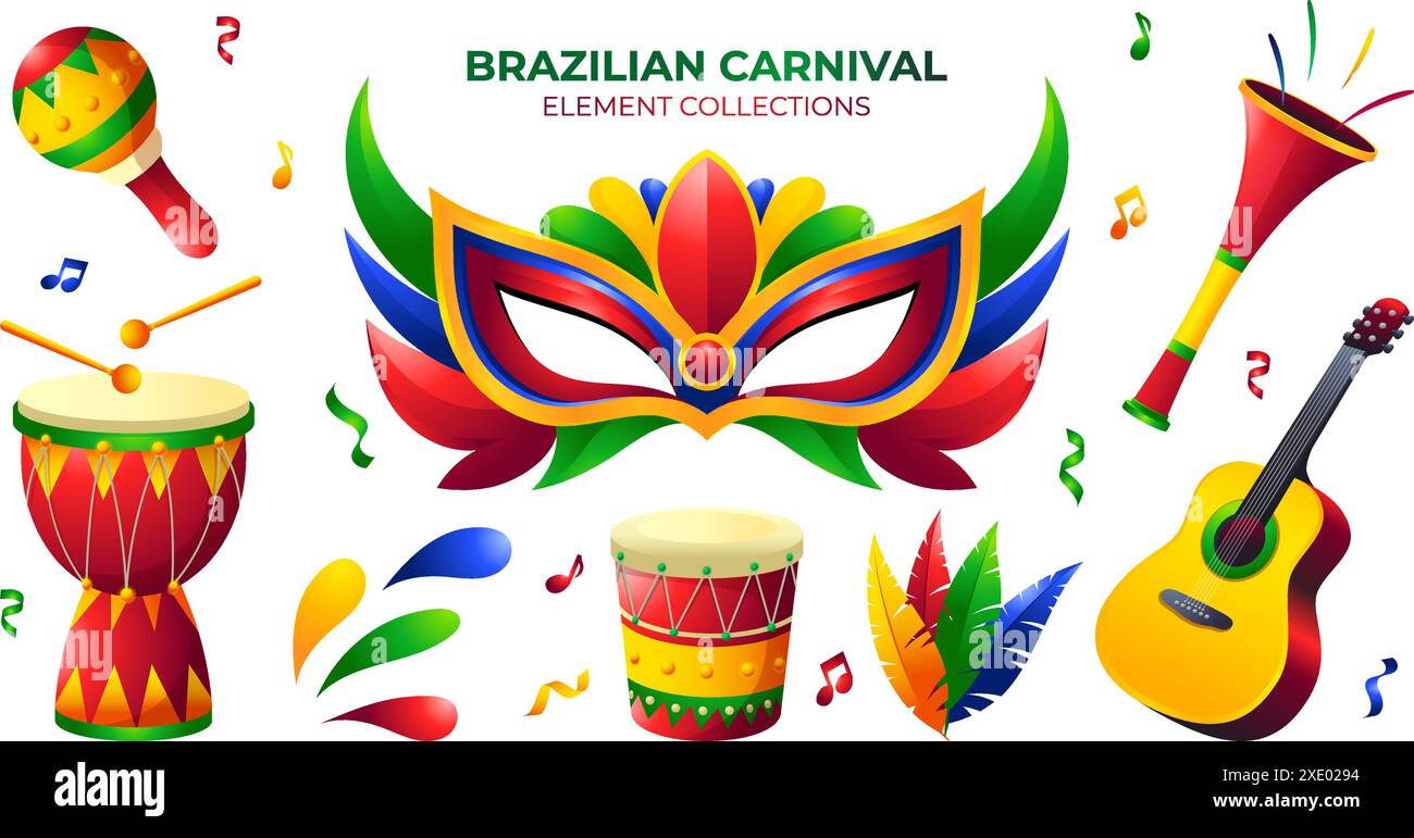 Brazilian carnival elements collection with trendy and colorful flat ...