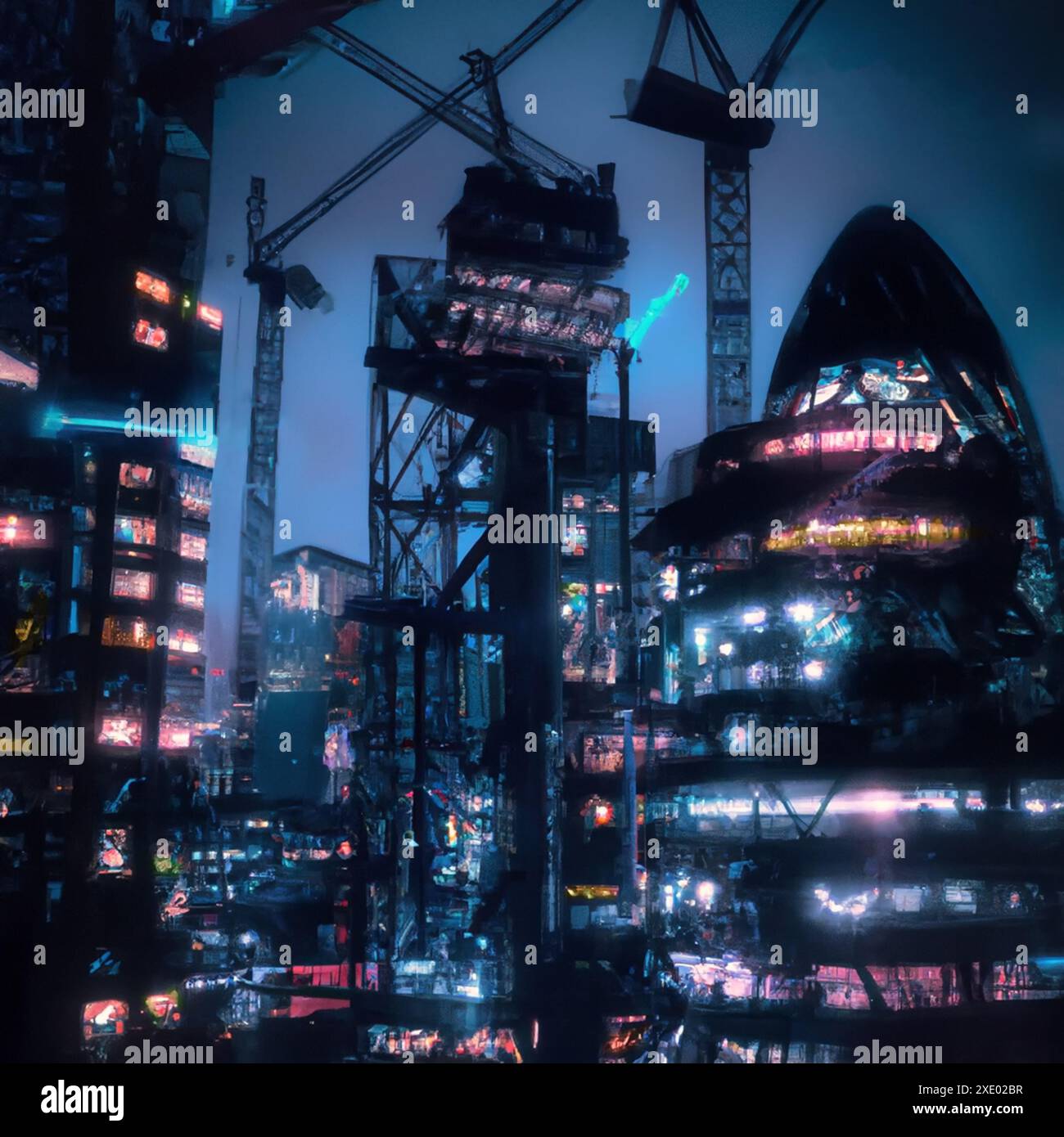 Digital illustration of a futuristic cyberpunk style urban cityscape ...