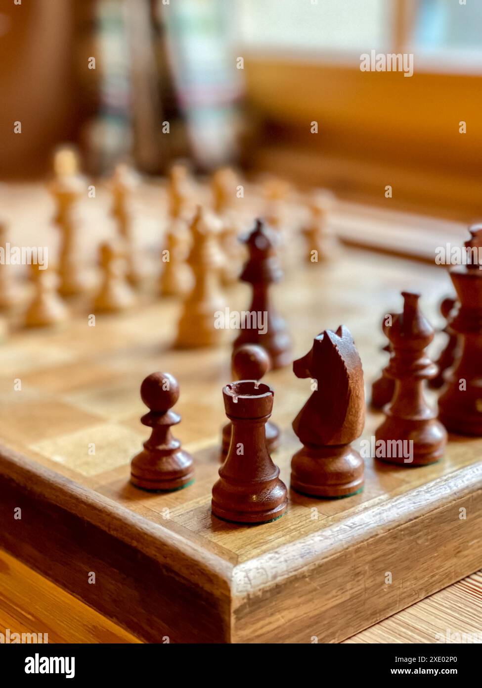 Old wooden chess board with focused tower Stock Photo - Alamy