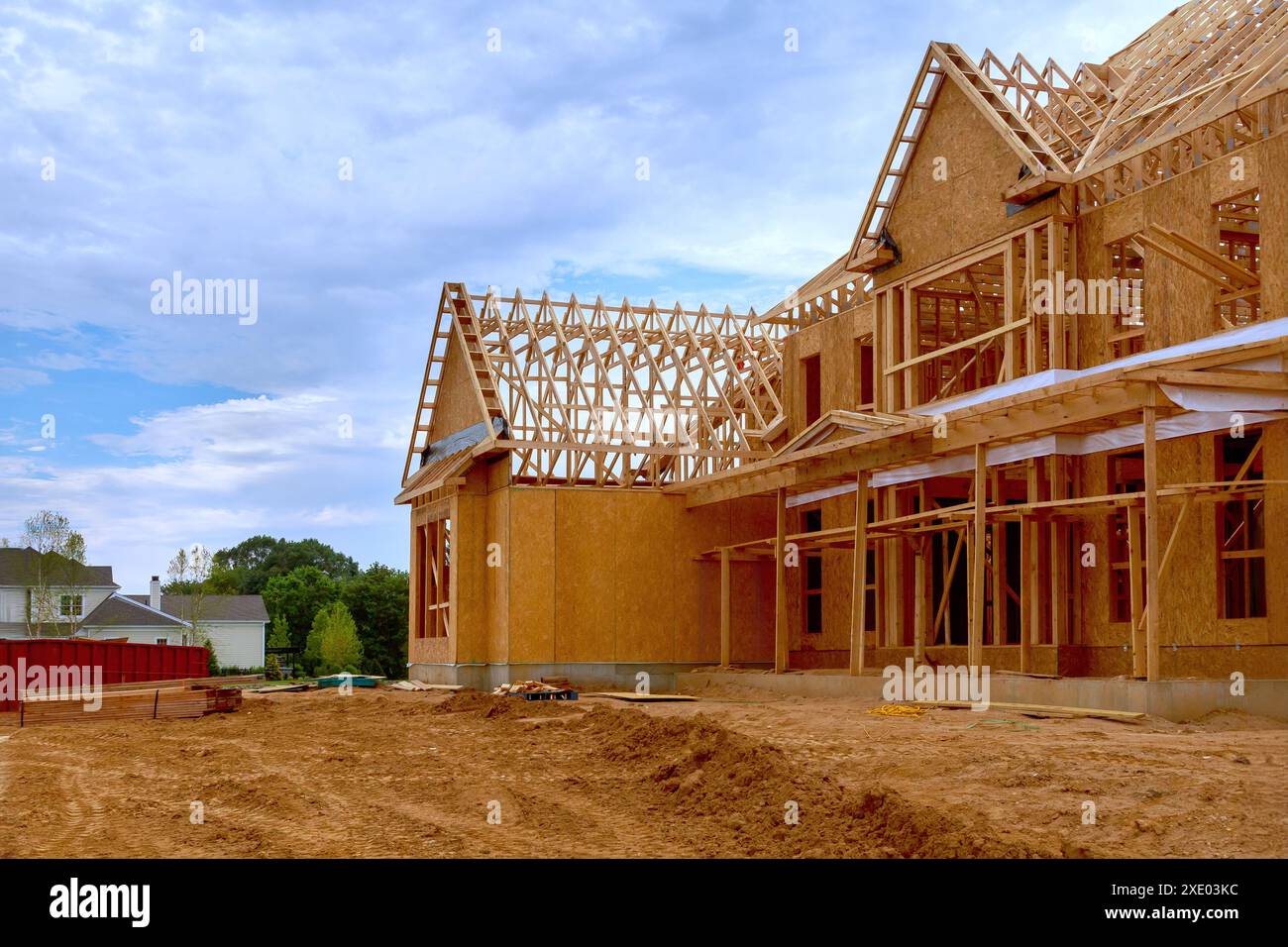 Newly constructed house with unfinished interior with wooden stud ...