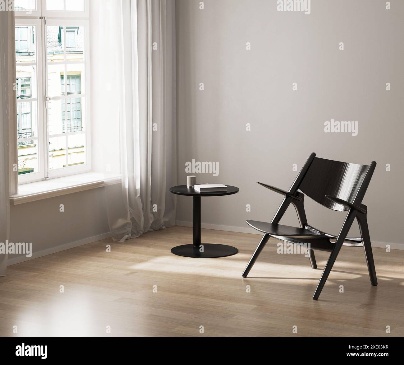 Black chair and coffee table near window with curtains, white wall ...