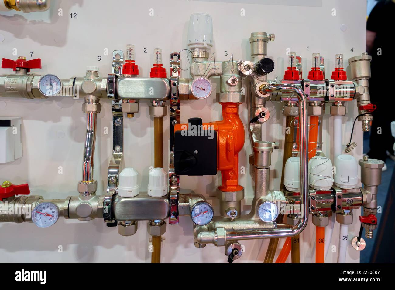 Heating system on the stand. Manifold with flow meter Stock Photo - Alamy