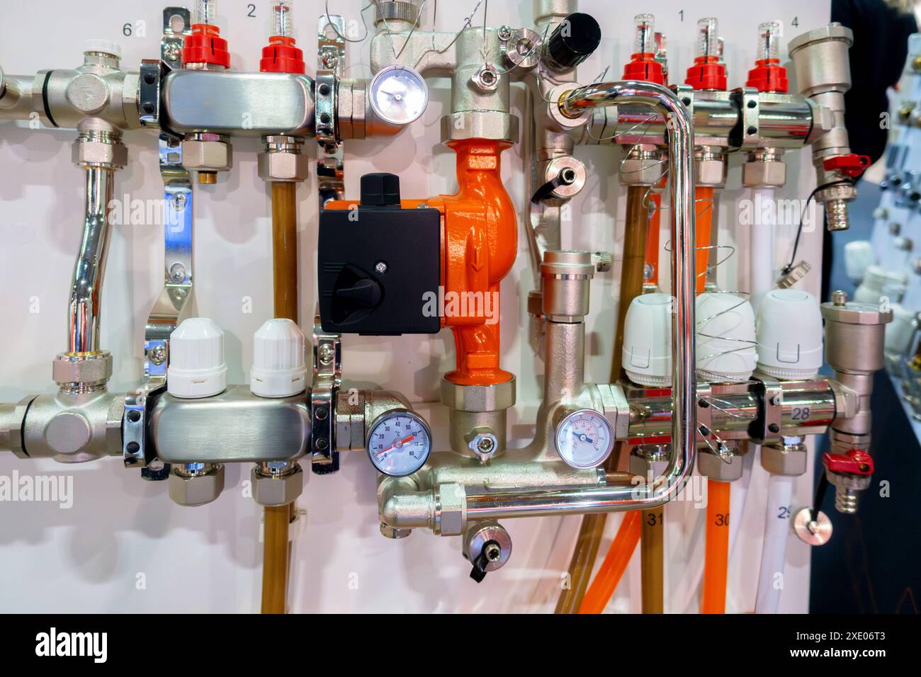 Heating system on the stand. Manifold with flow meter Stock Photo - Alamy