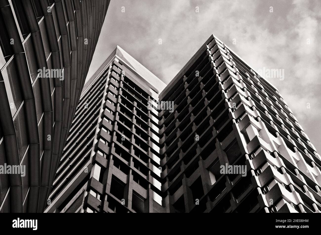 Looking up at a brutalist inspired office tower in Sydney CBD ...