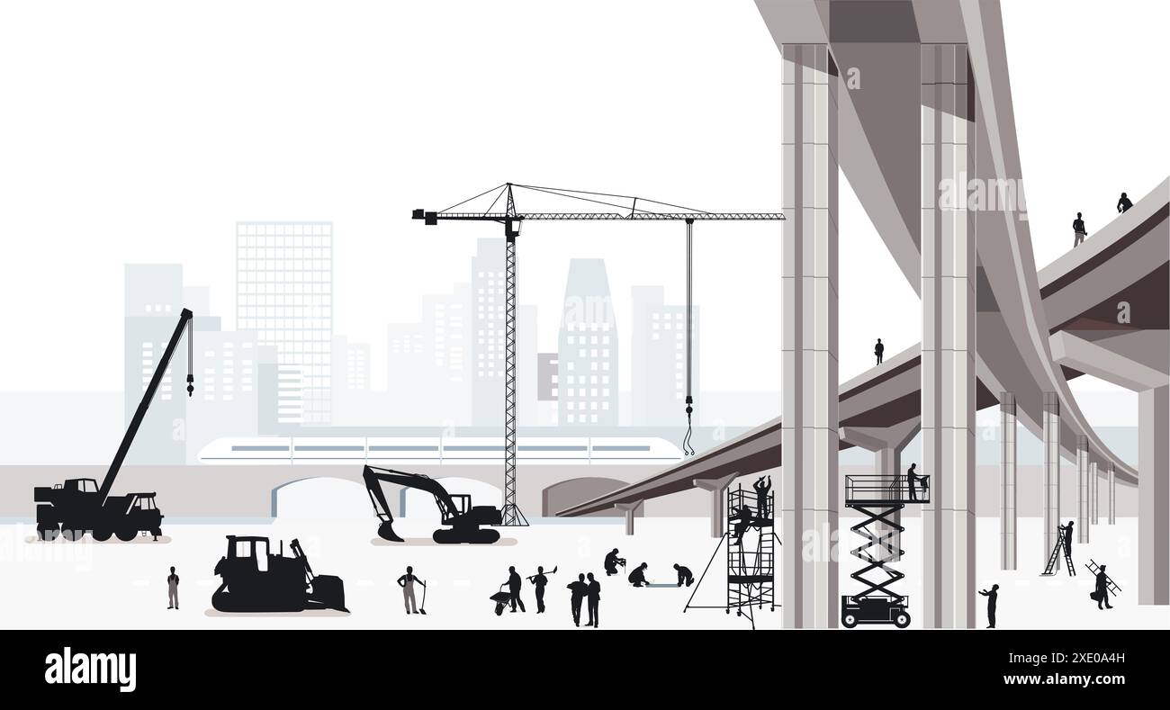 Road construction and bridges Construction site with builders ...