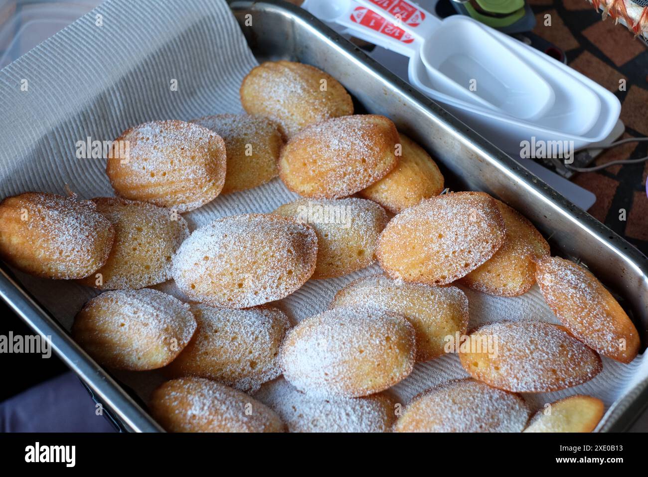Home made Madeleine cakes turned out onto paper towel on a cooling rack ...