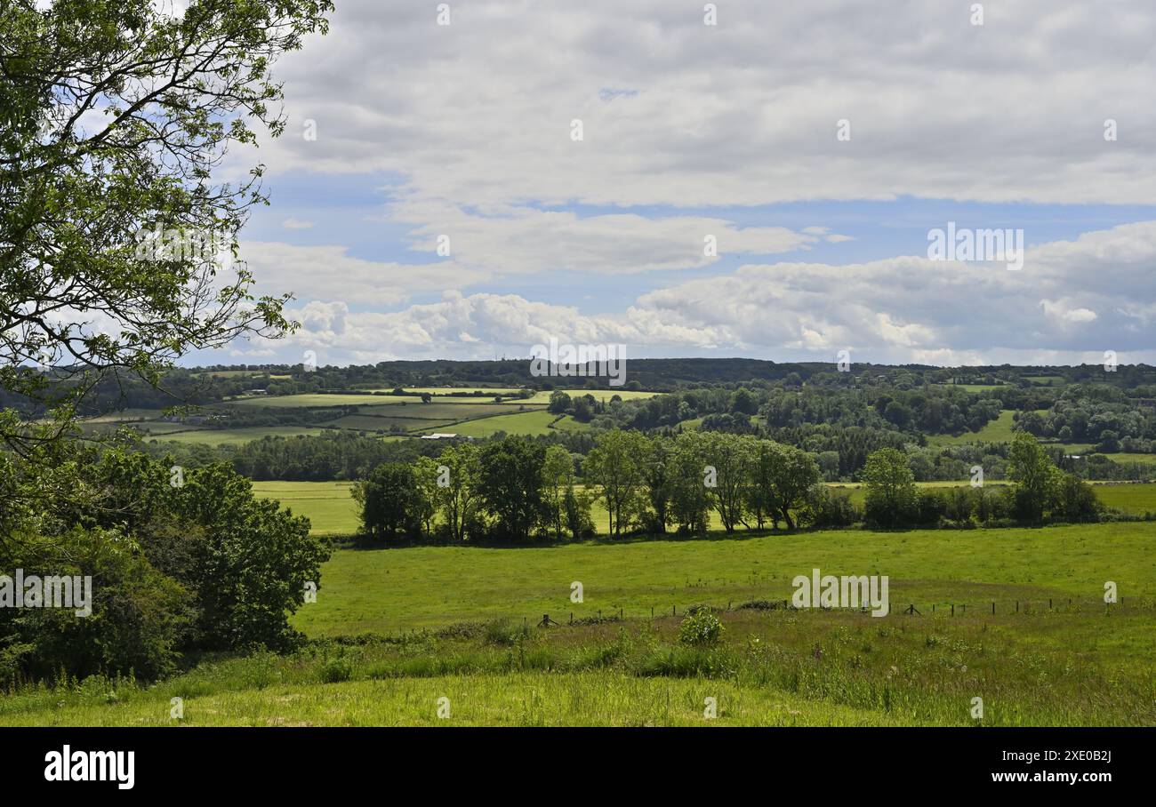 View of rolling countryside and fields in North East Somerset, England ...