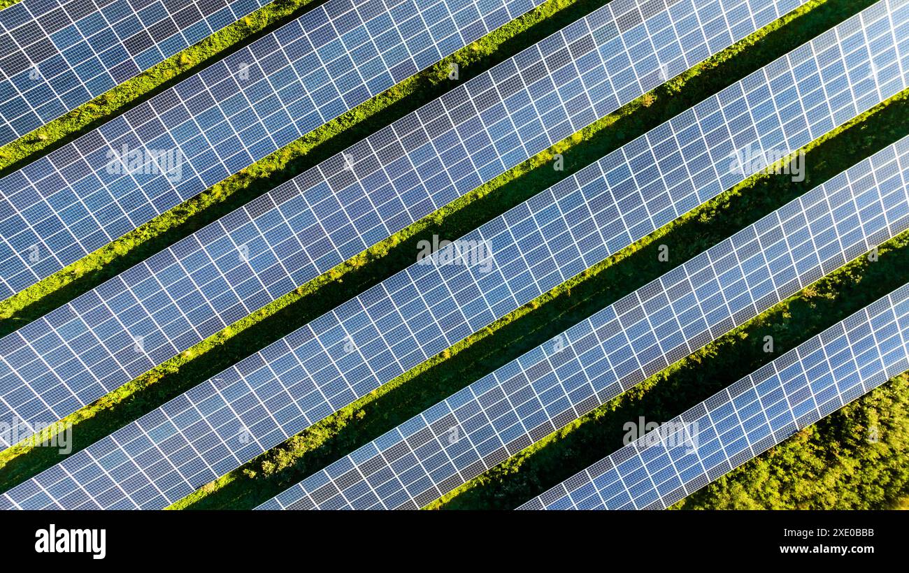 Aerial top view of solar panels or solar cells farm, renewable energy ...