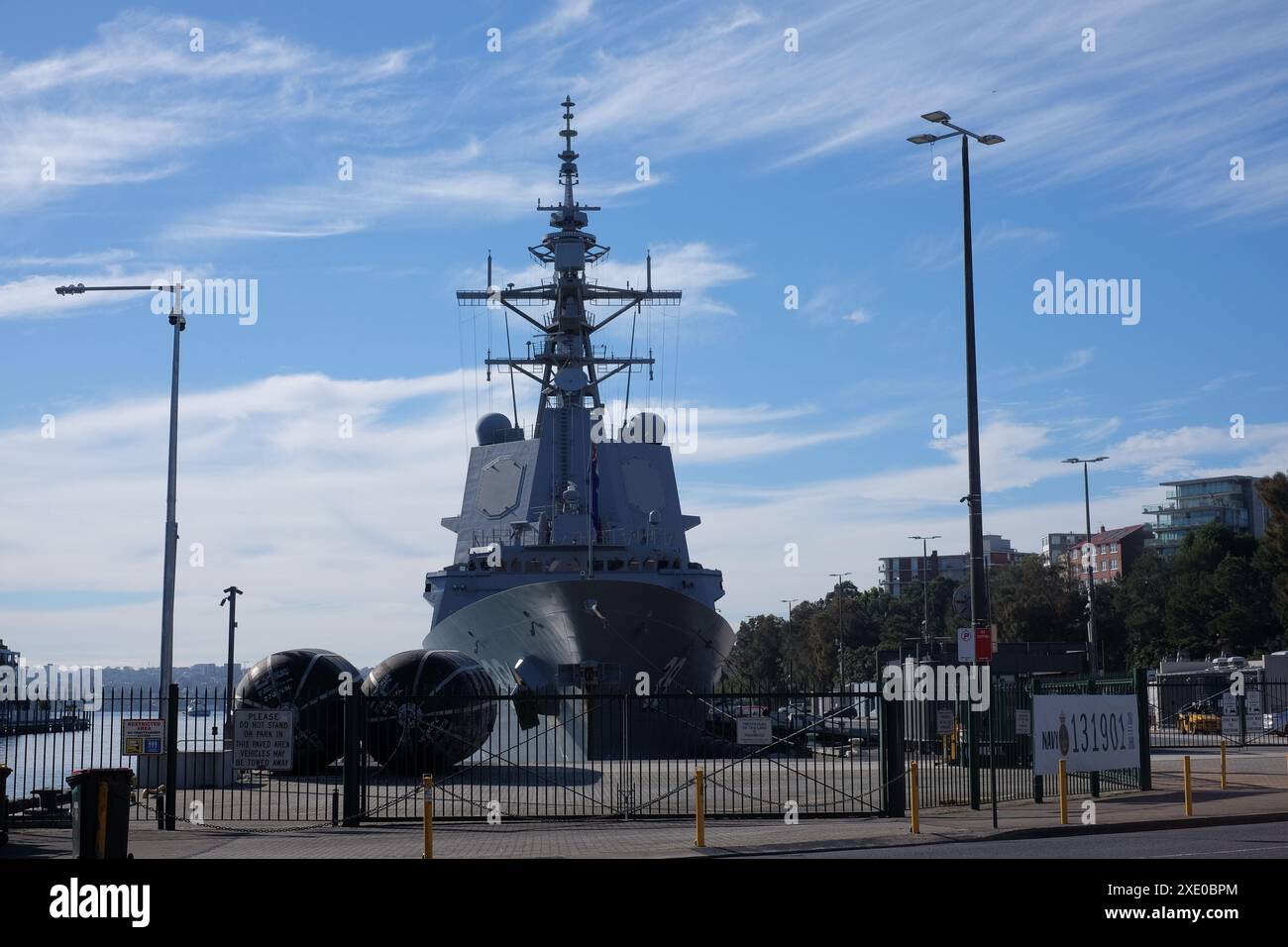 Bow view of HMAS Hobart (DDG 39), Navy ship moored at Cowper Wharf ...