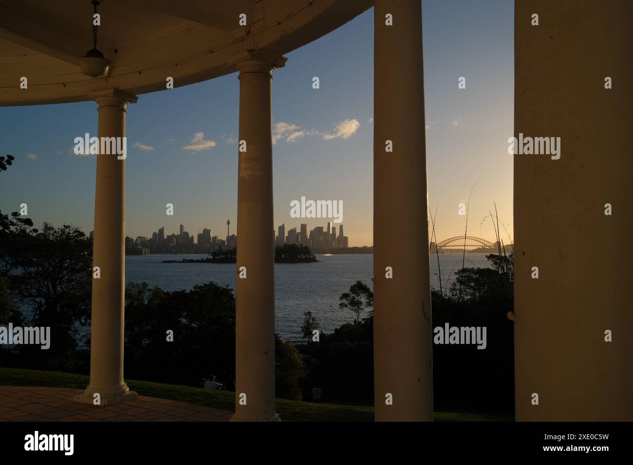 The iconic sydney skyline of harbour and arched bridge, seen through ...