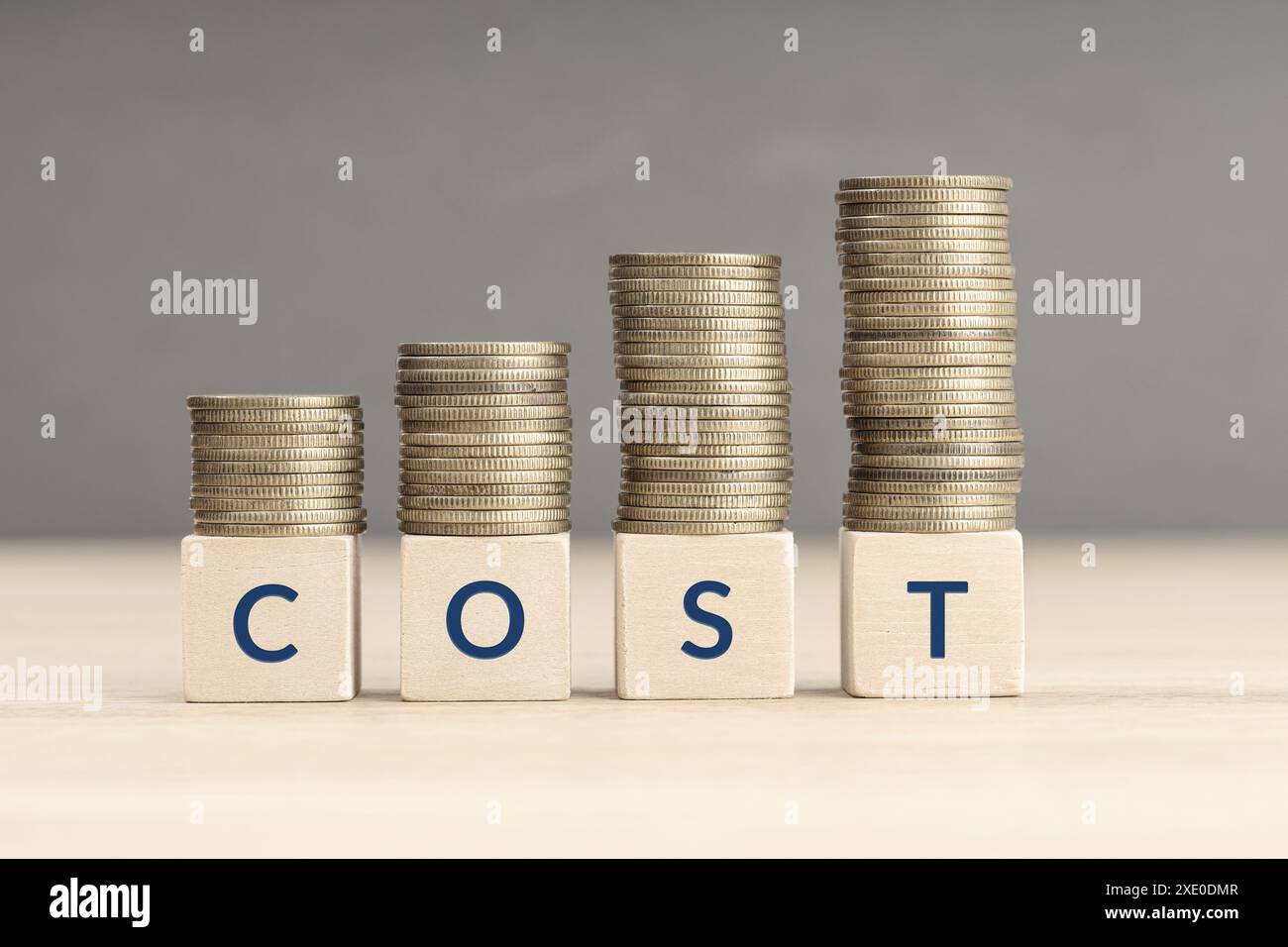 Increase of cost concept. Text on Wooden blocks and Stacking coins ...