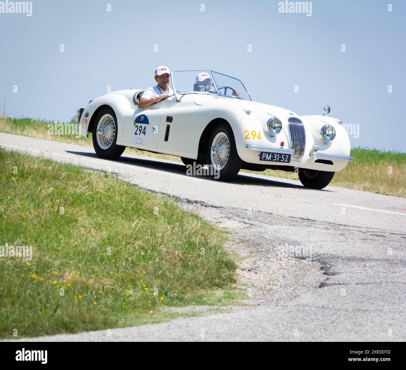 JAGUAR XK120 OTS ROADSTER 1954 on an old racing car in rally Mille ...