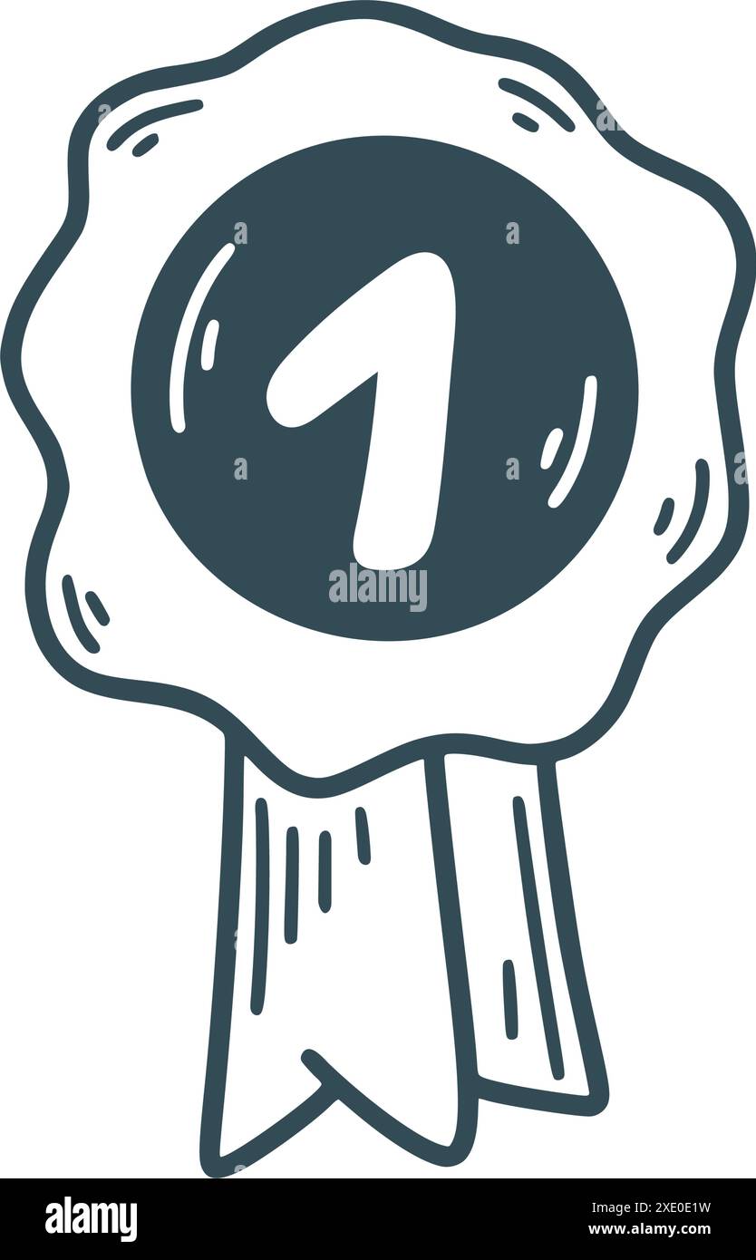 Winner medal doodle sketch style. Rosette stamp with ribbon and number ...