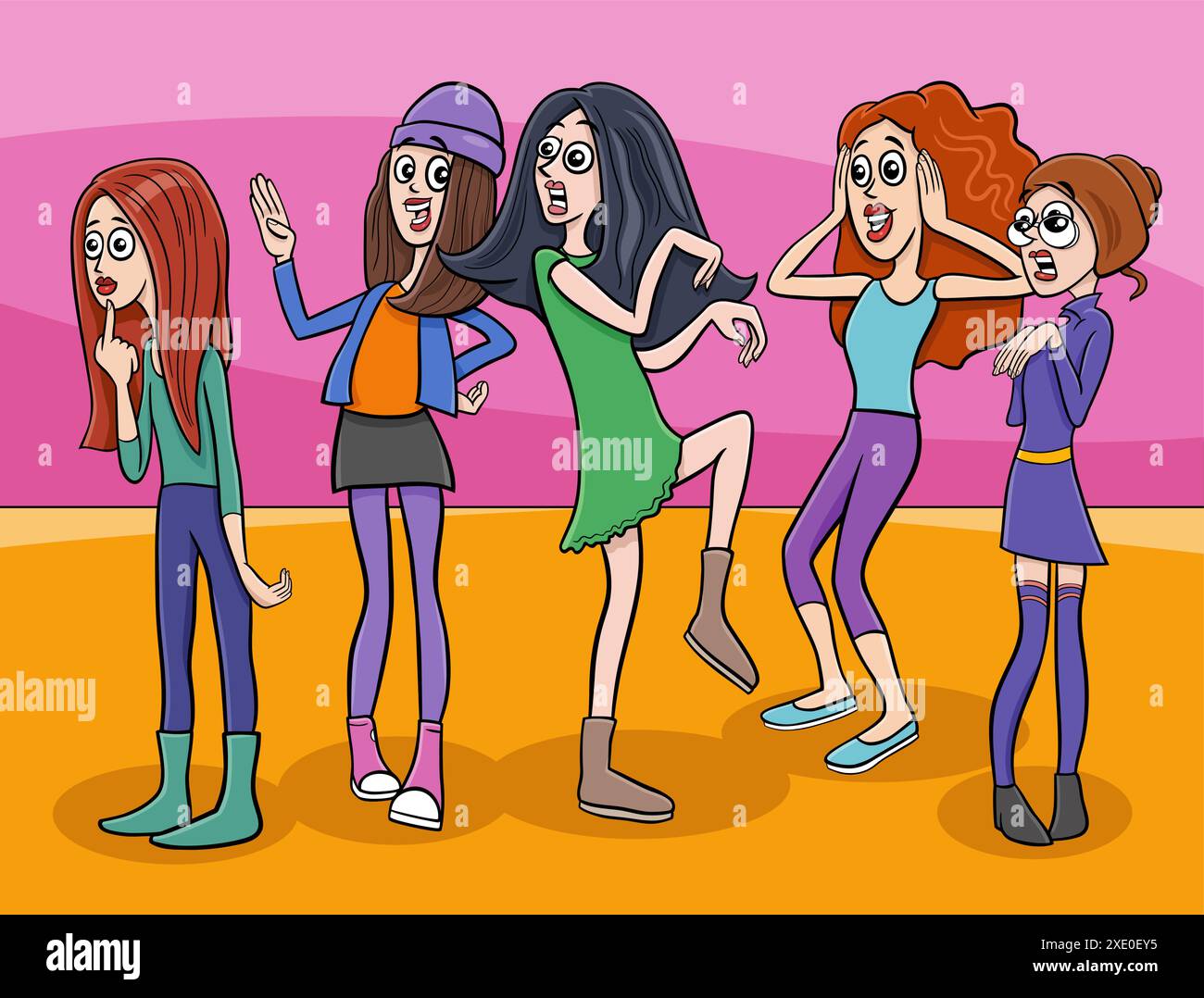 Cartoon illustration of excited girls or young women comic characters ...