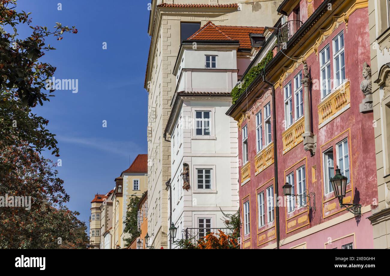 Facades of historic buildings in the center of Prague, Czech Republic ...