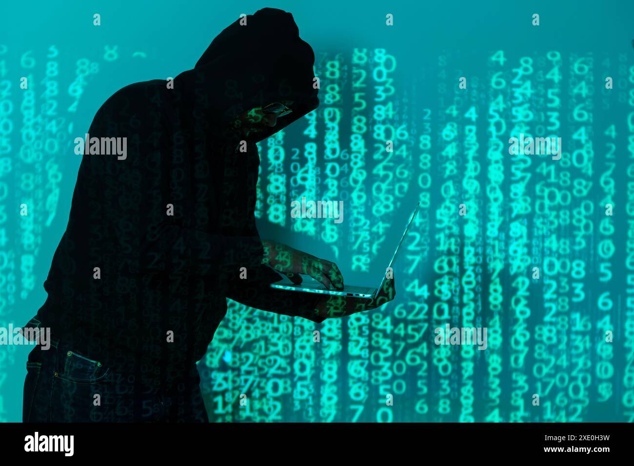 Internet crime concept. Hacker working on code on dark digital ...