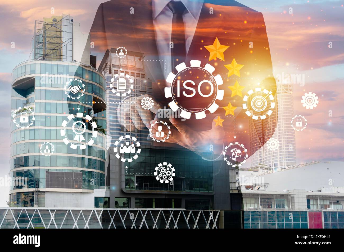 ISO standards quality control. Businessman use laptop with quality ...