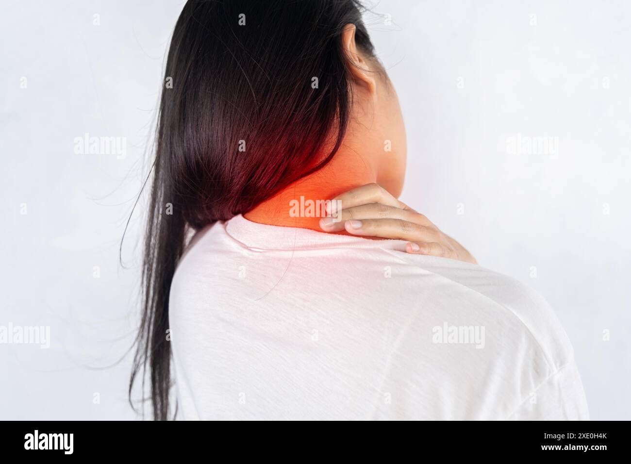 Neck pain muscle stress and strain concept. Stressed blonde woman ...