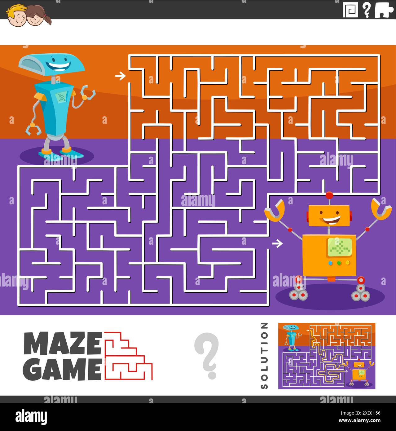 Cartoon illustration of educational maze puzzle game with robots ...
