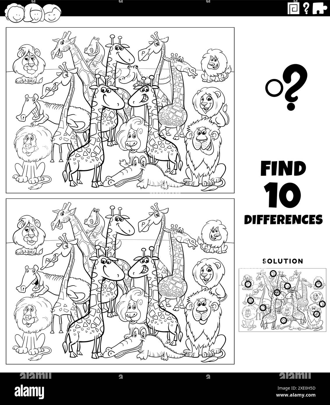 Cartoon illustration of finding the differences between pictures educational activity with wild ...