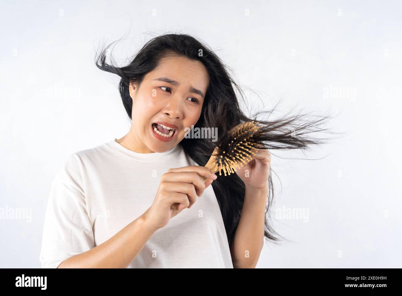 Woman have damaged and broken hair, loss, dry problem concept. Scared ...