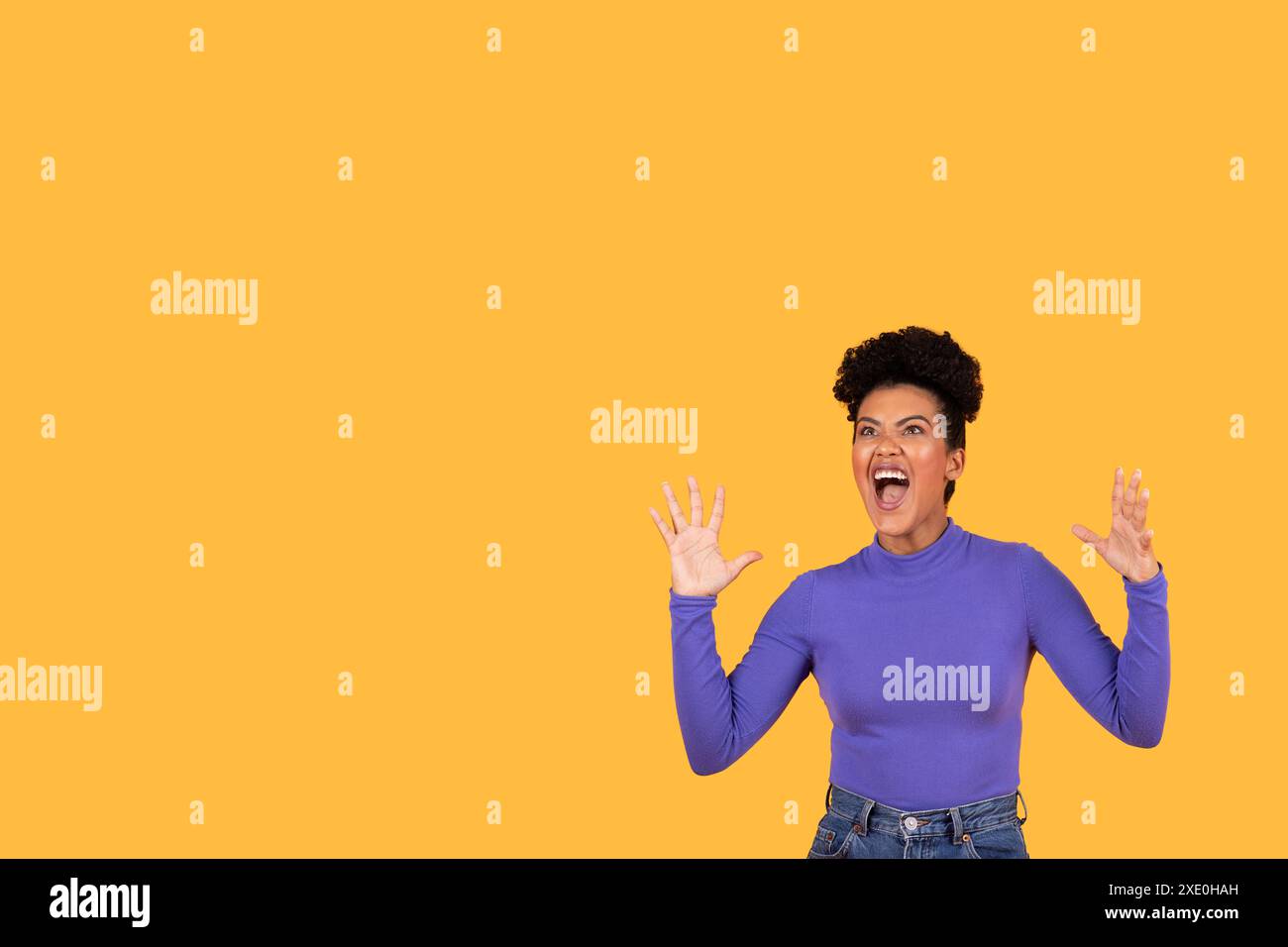 Young Woman Screaming in Excitement Against Yellow Background, Copy ...