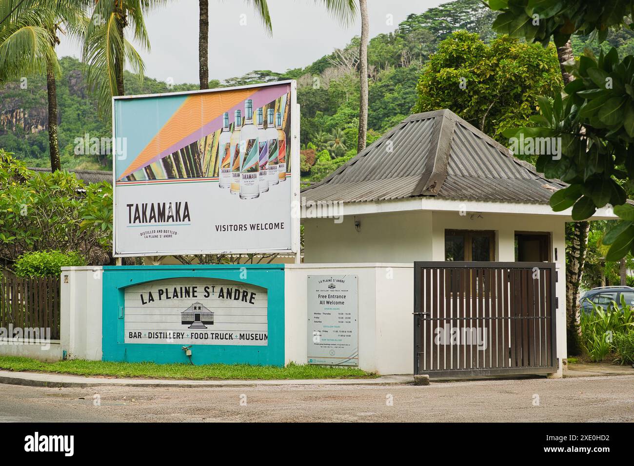 Mahe, Seychelles 25.06.2024 Takamaka rum distillery road sign board ...