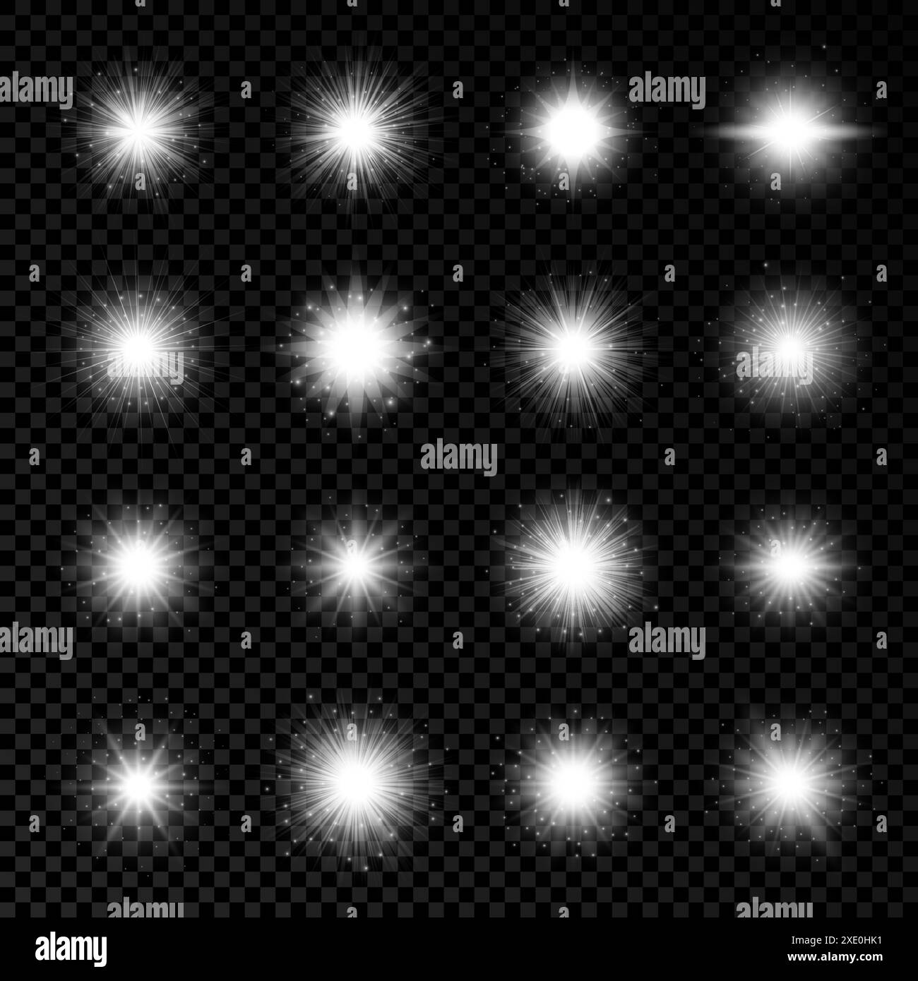 Light effect of lens flares. Set of sixteen white glowing lights starburst effects with sparkles ...