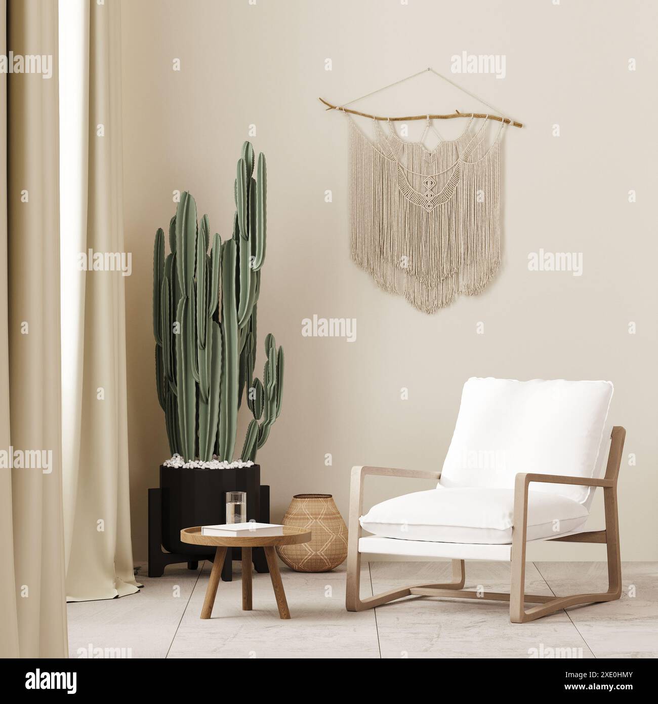 White armchair with coffee table near window in boho style interior ...