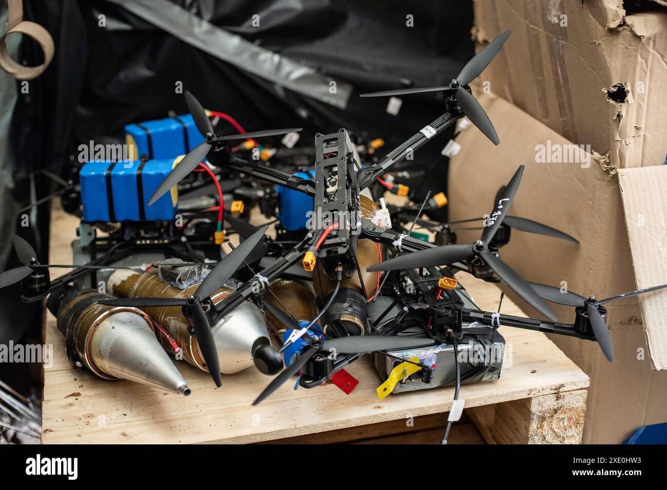 FPV drones with explosives attached to them are seen inside a bunker ...