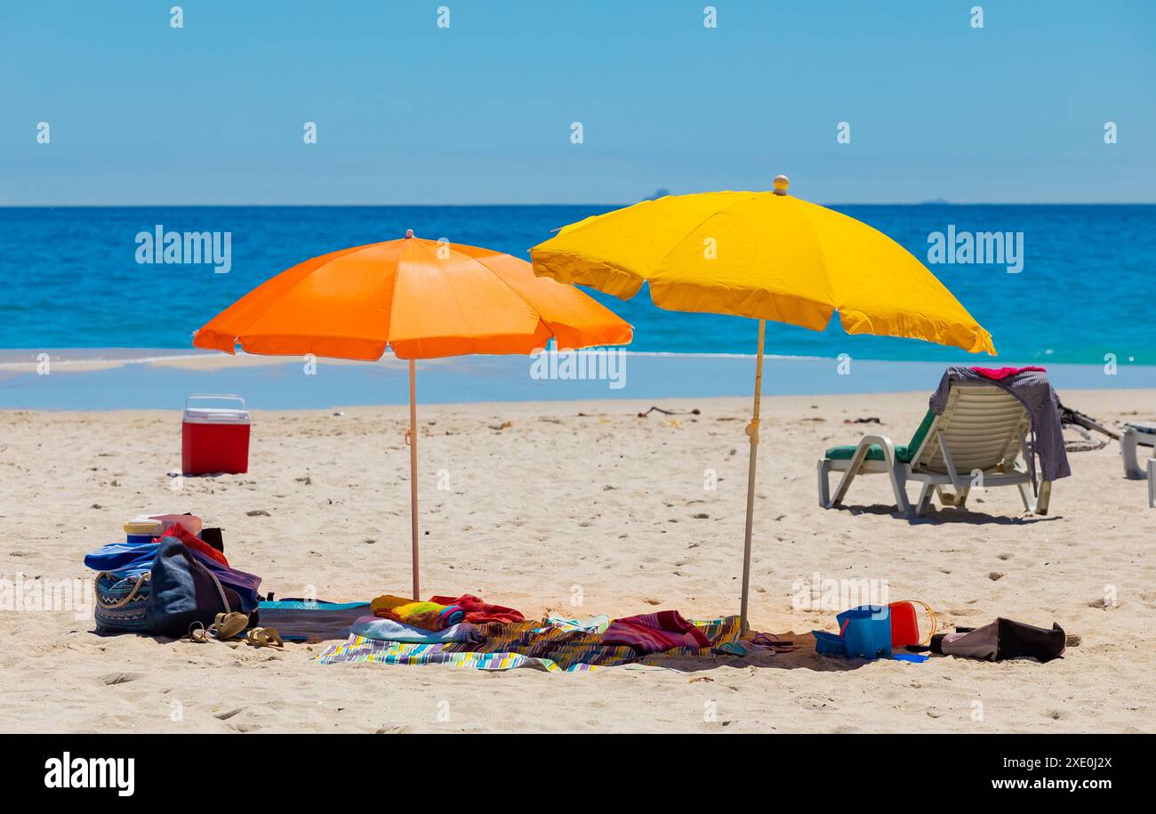 Plastic lounger chairs and parasol umbrellas on sandy beach in Camps ...