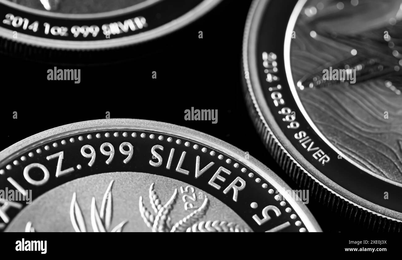 Close up of Silver Bullion Coin on a black mirror background Stock ...