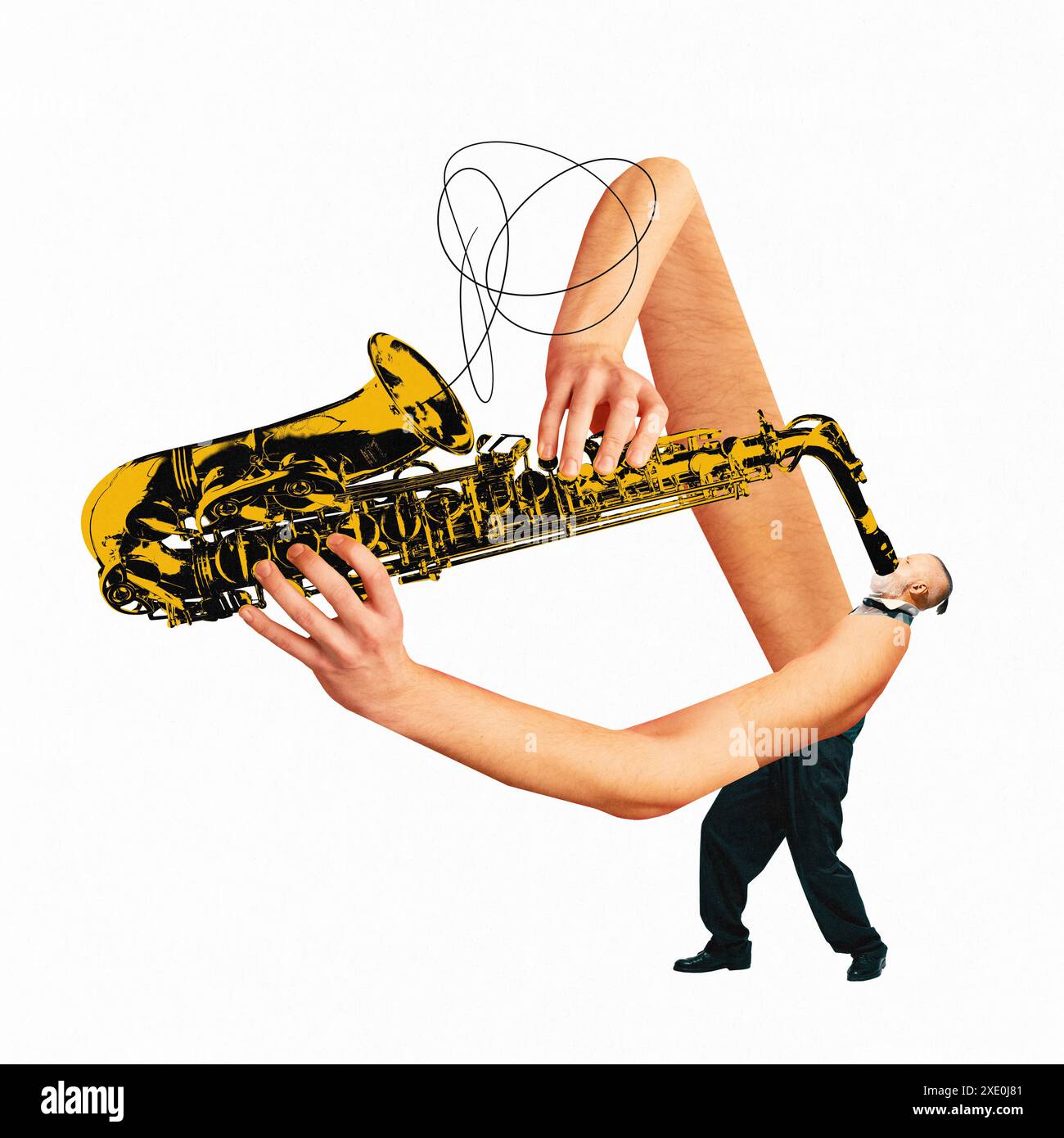 Poster. Contemporary art collage. Jazzman playing with his huge arms ...