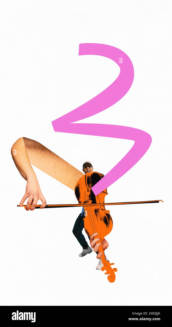 Poster. Contemporary art collage. Oversized orange cello, played with ...