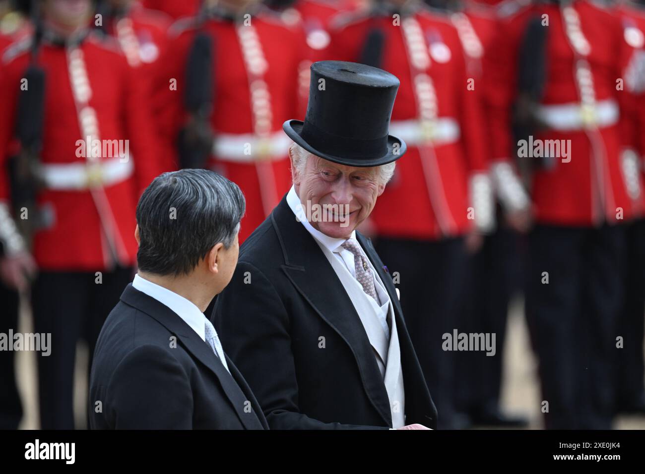 Emperor Naruhito of Japan (left) and King Charles III after inspecting the Guard of Honour ...