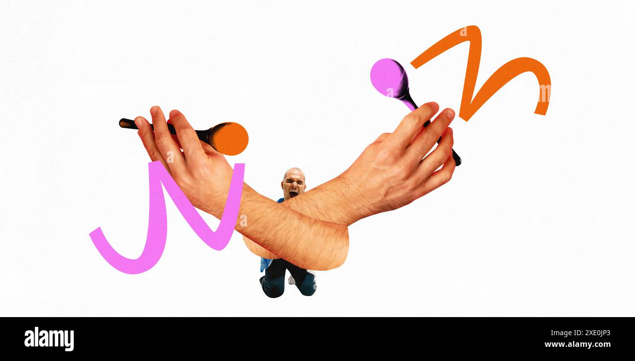 Poster. Contemporary art collage. Man with huge, crossed arms holding ...