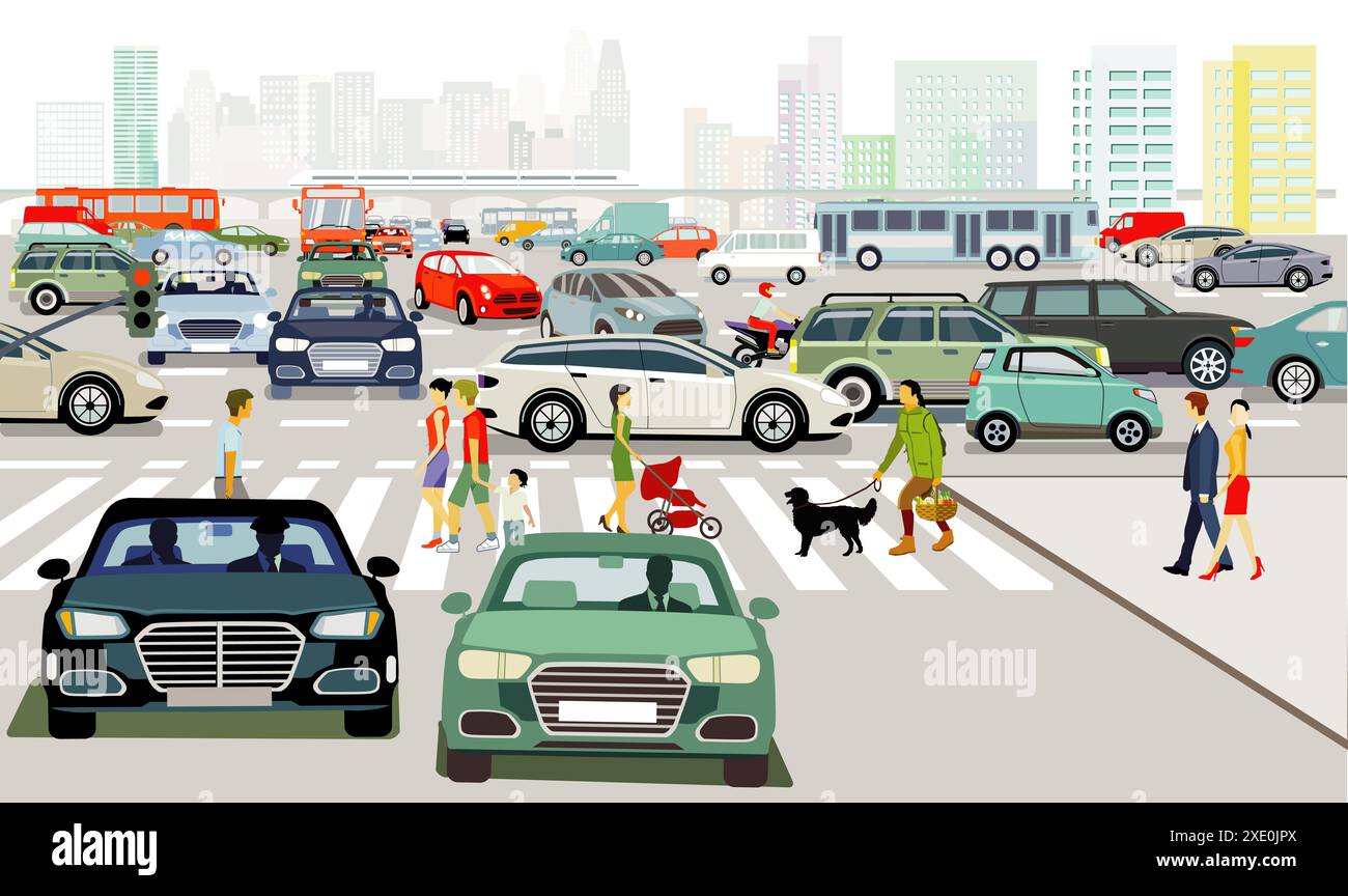 Cars on the crossroads in traffic jam, illustration Stock Photo - Alamy