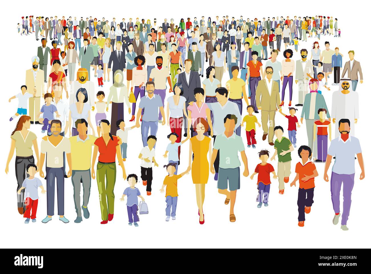 A crowd with families gather together, isolated on white background ...