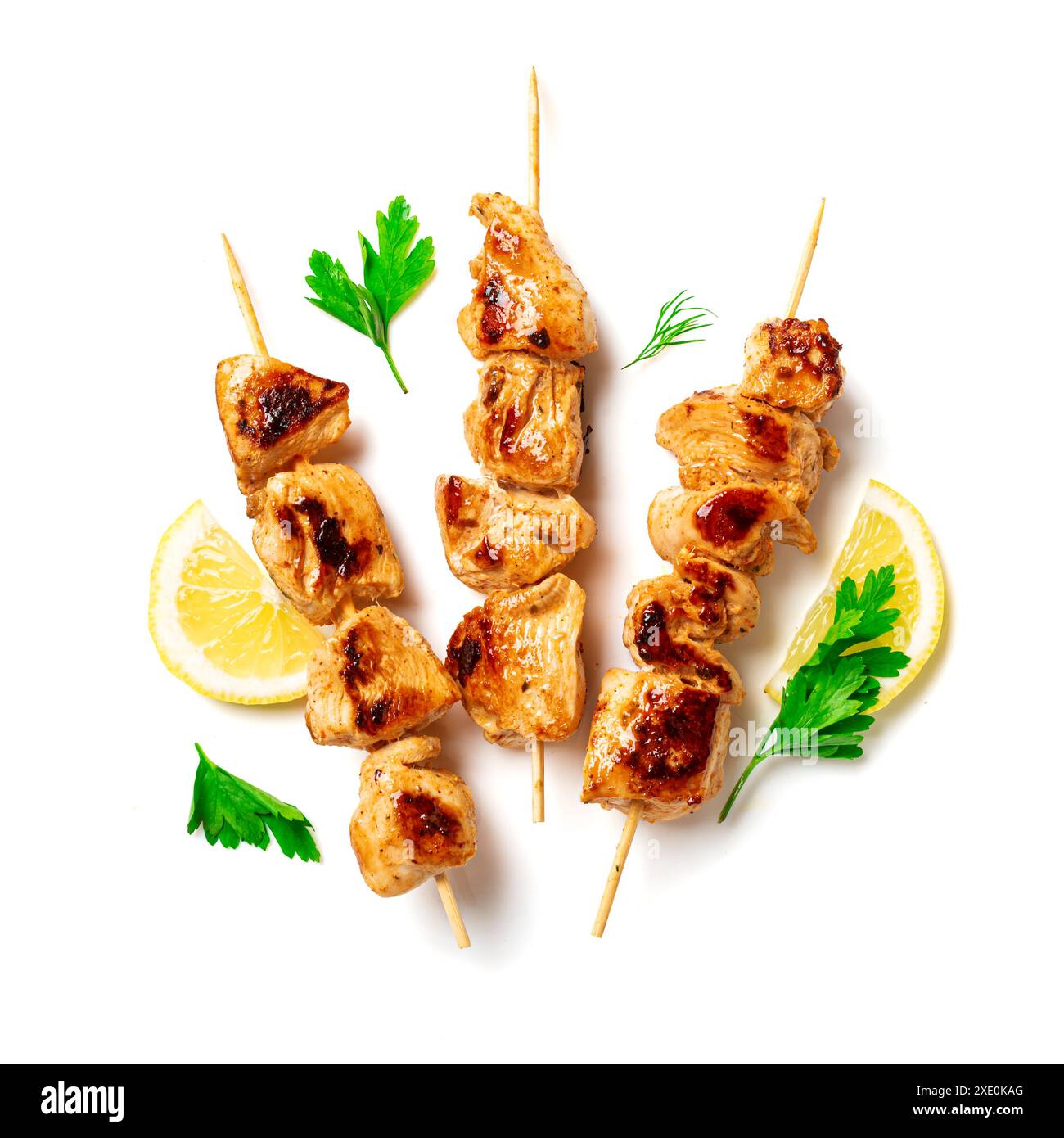 Grilled chicken skewers isolated on white background, top view. Meat pork, chicken or turkey ...