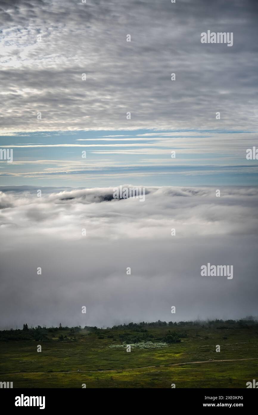 Low layer of clouds covers a forest valley with a mountain ridge just ...