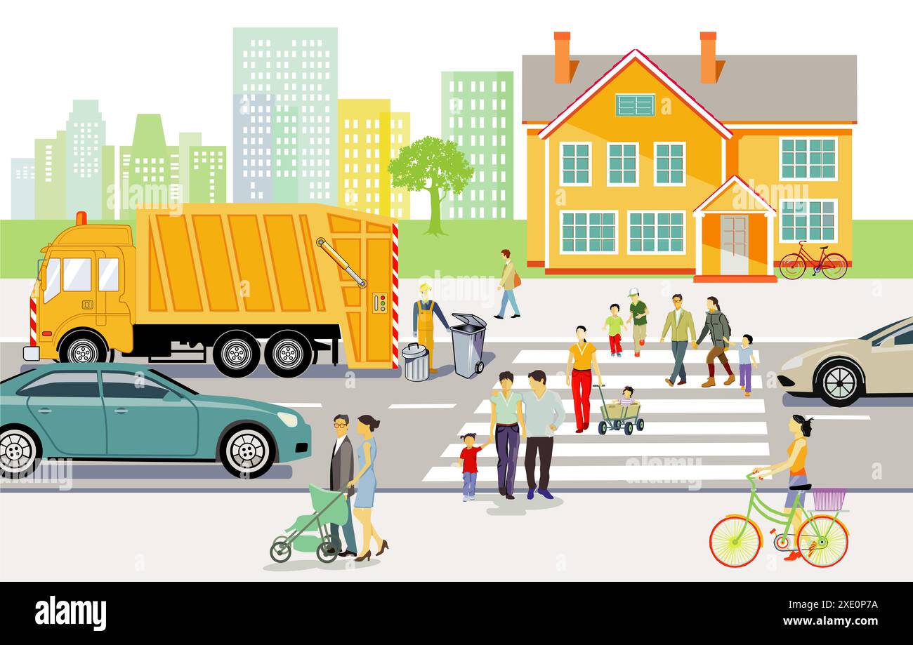 City silhouette with people on crosswalk, people in residential area ...