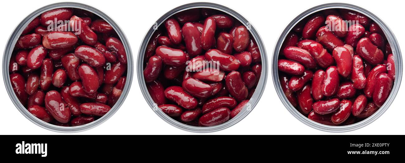 Flat lay view at opened tin can with kidney beans isolated on ...
