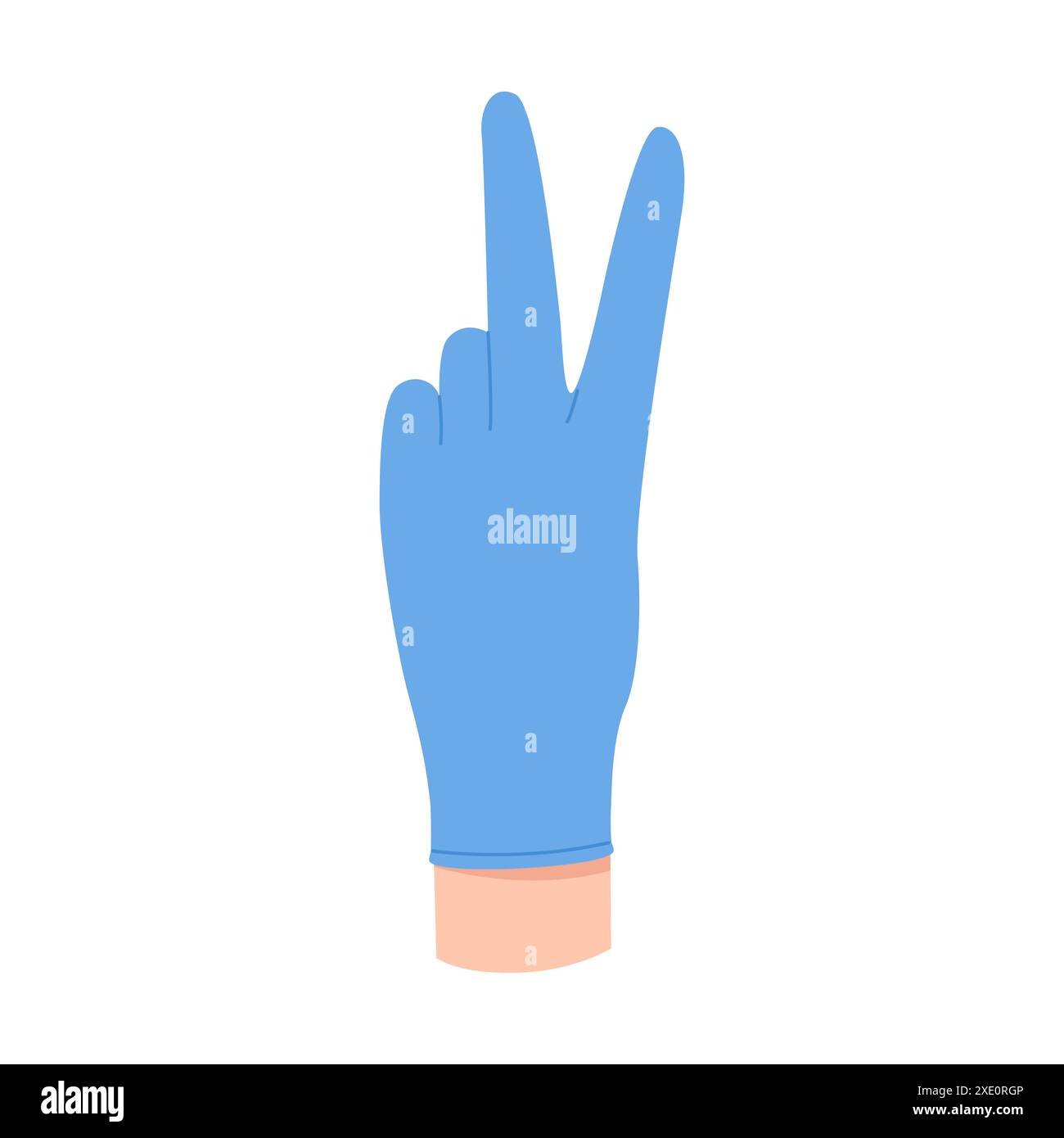 Doctors hand in blue glove showing two fingers in peace and victory ...