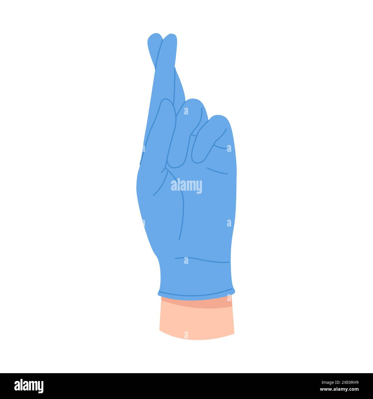Hand of doctor in protective rubber blue glove crossed fingers in ...