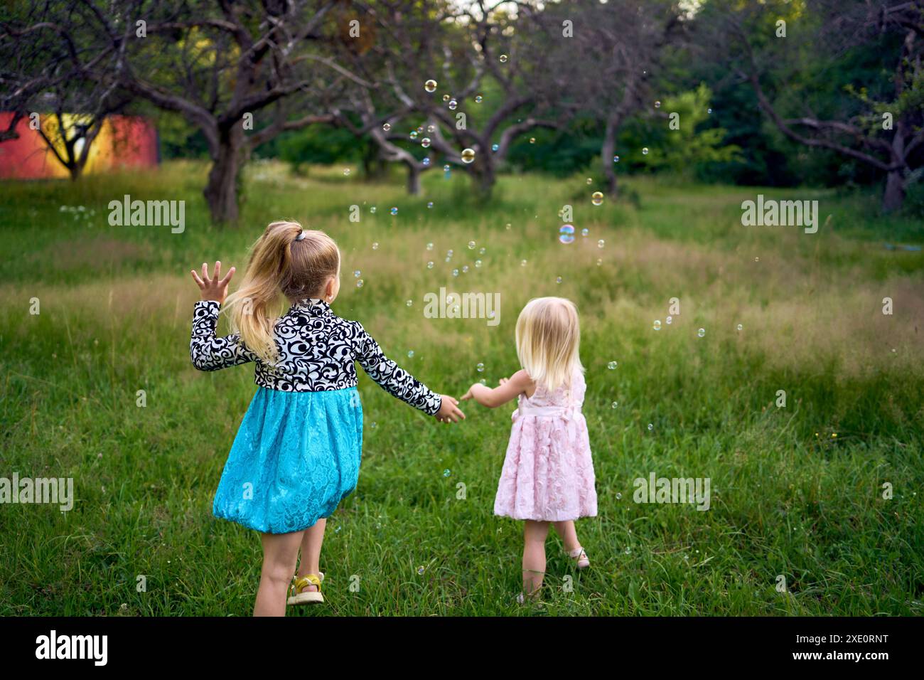 child and toddler, sisters, catching bubbles in the garden Stock Photo ...
