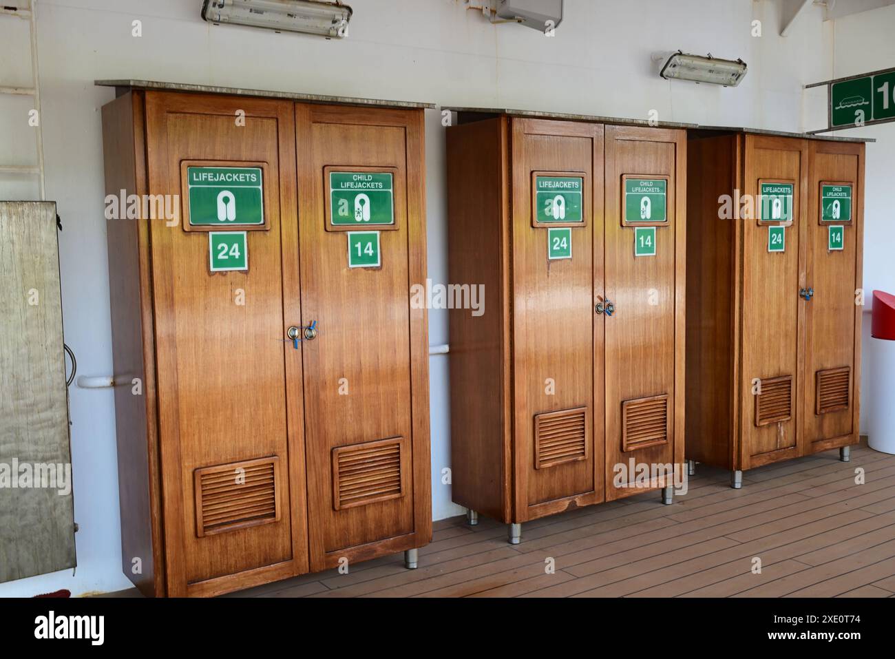 Lockers containing life jackets on the promenade deck of Cunard cruise ...