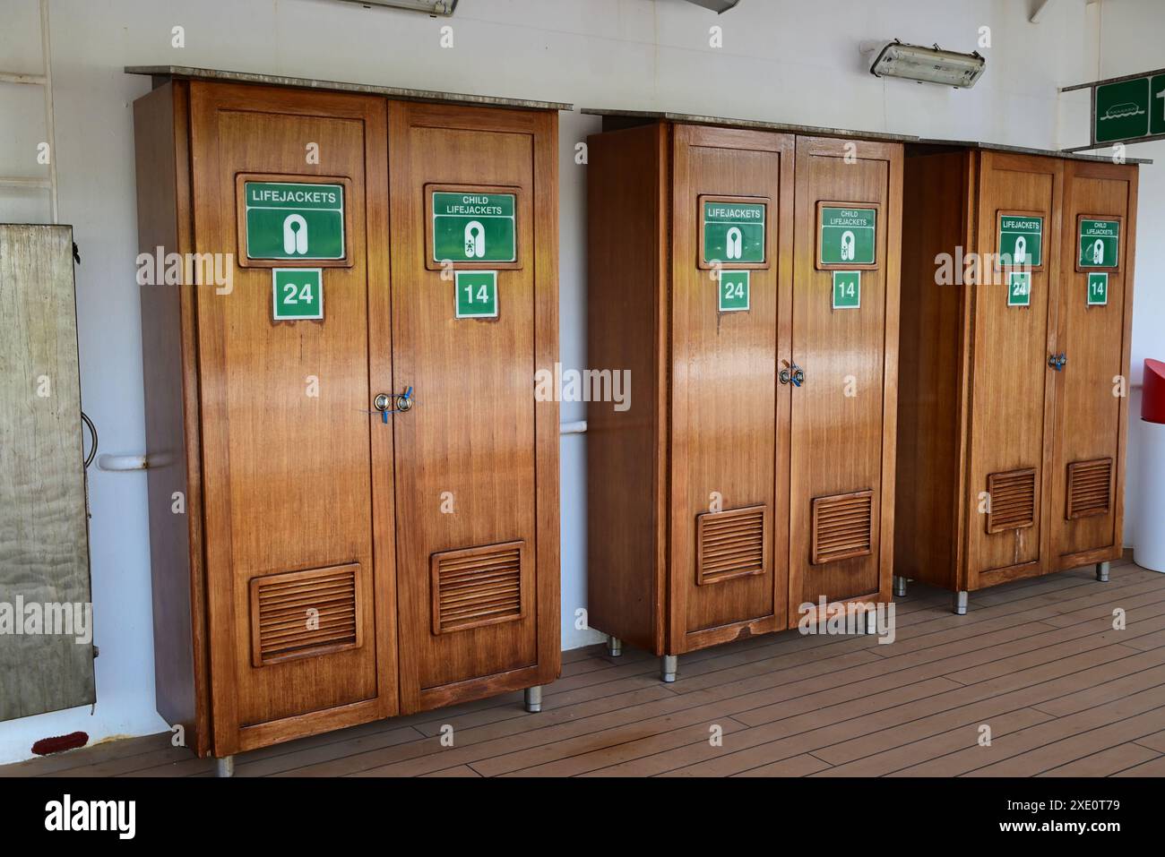 Lockers containing life jackets on the promenade deck of Cunard cruise ...