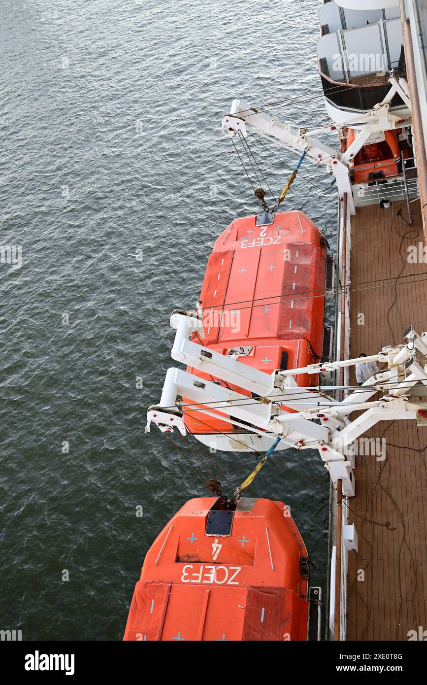 The lifeboats on Cunard cruise ship Queen Victoria receiving routine ...