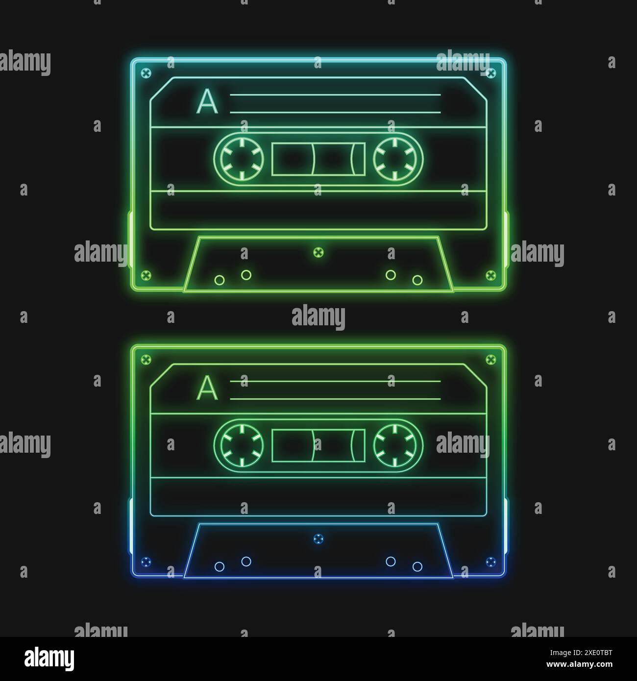 Neon retro audio green cassette tape, a vector illustration set ...